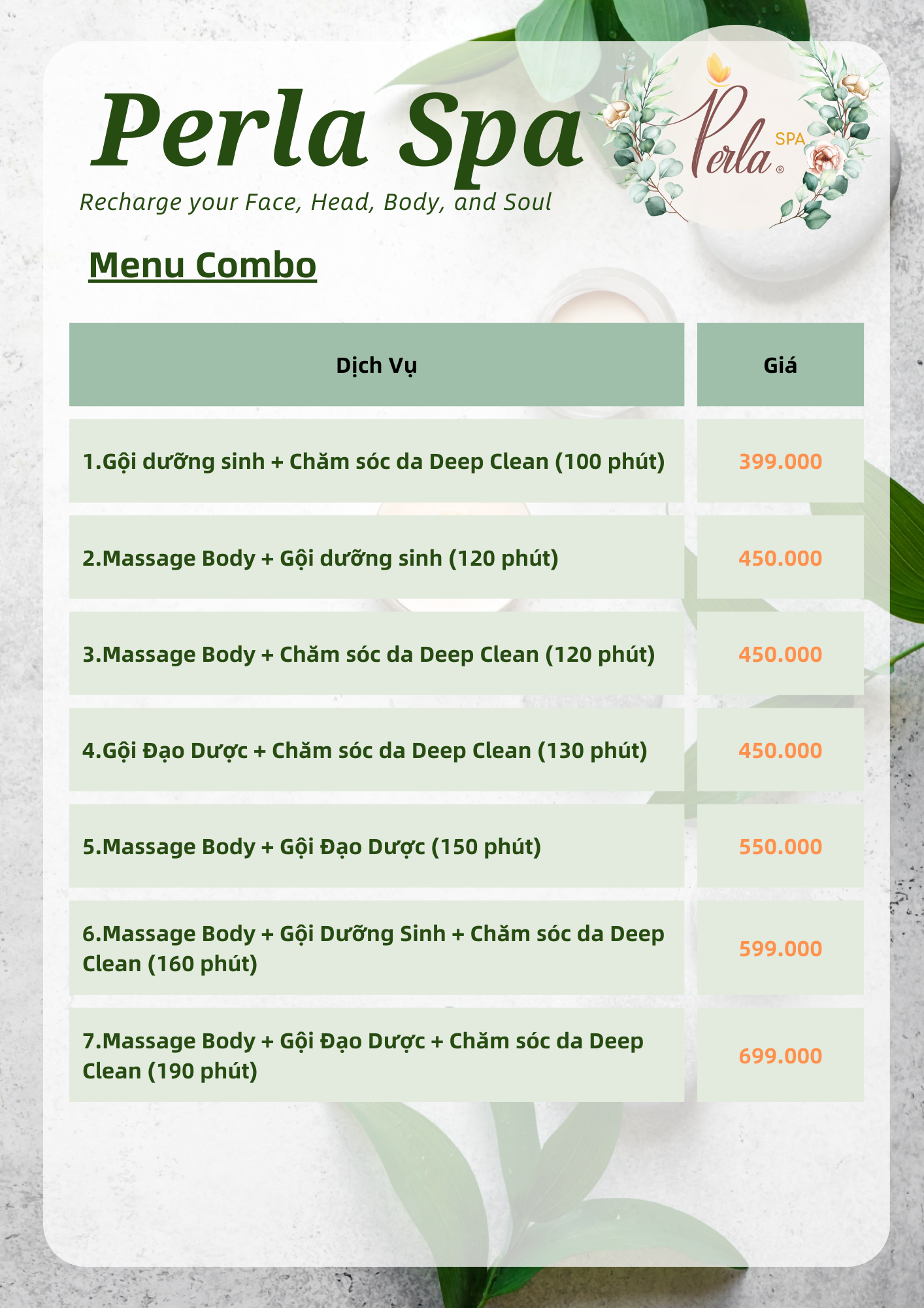 Bảng giá dịch vụ tại Perla Spa - Perla Spa Hà Nội